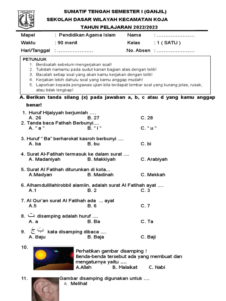 Soal PTS Pai - Kelas 1-Semester 1-2022-2023.ok | PDF