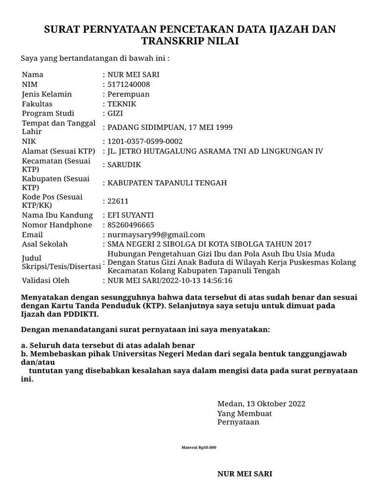 Surat Pernyataan Pencetakan Data Ijazah Dan Transkrip Nilai PDF | PDF