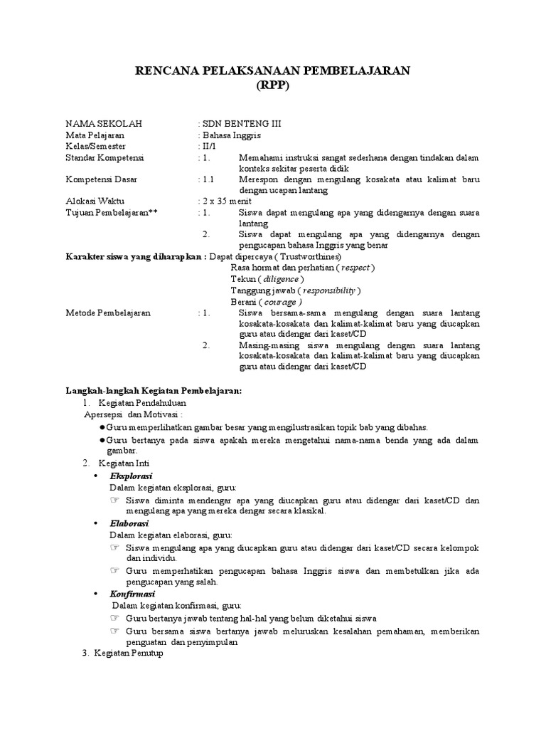 Contoh RPP Bahasa Inggris SD Kelas II Semester 1 | PDF