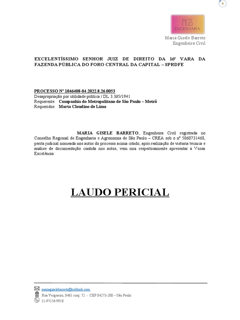 LAUDO PERICIAL - PROCESSO 1046408 04 2022 8 26 0053 - Metodologia de ...