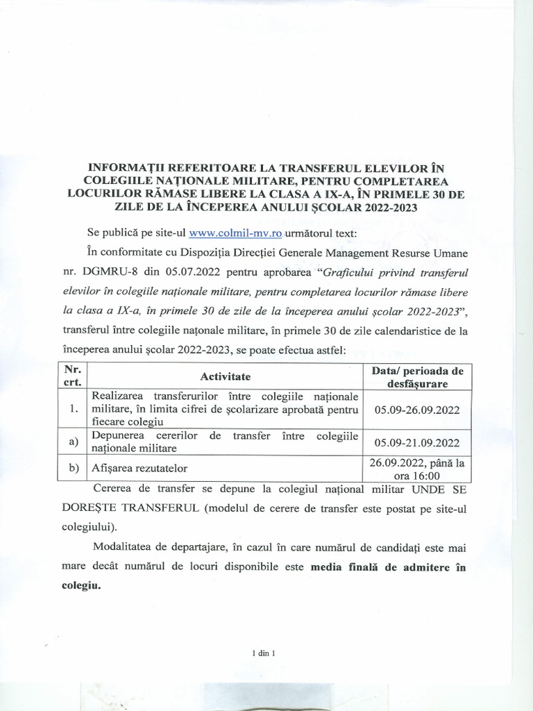 Informatii Transfer Completare Locuri Libere Clasa A IX-a August 2022 ...
