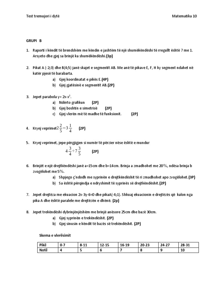 4ab. Matematika 10 Test Tremujori II Grupi B | PDF