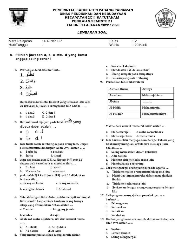 SOAL Semester KLS 4 | PDF