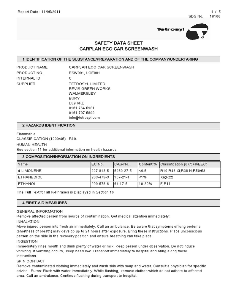 Carplan Eco Car Screenwash SDS | PDF