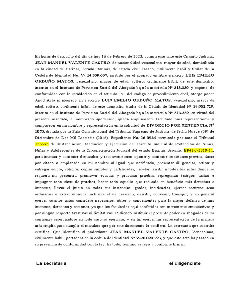 Poder Apud Acta Divorcio 1070 | PDF | Judicaturas | Ley Pública
