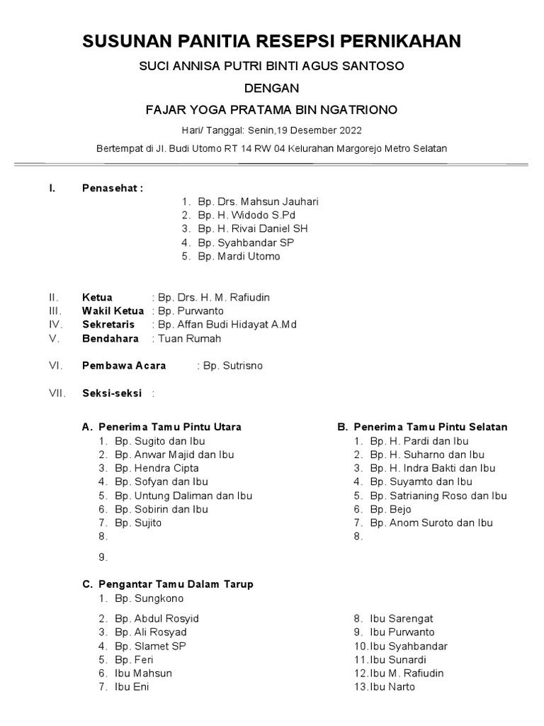 Susunan Panitia Resepsi Pernikahan | PDF