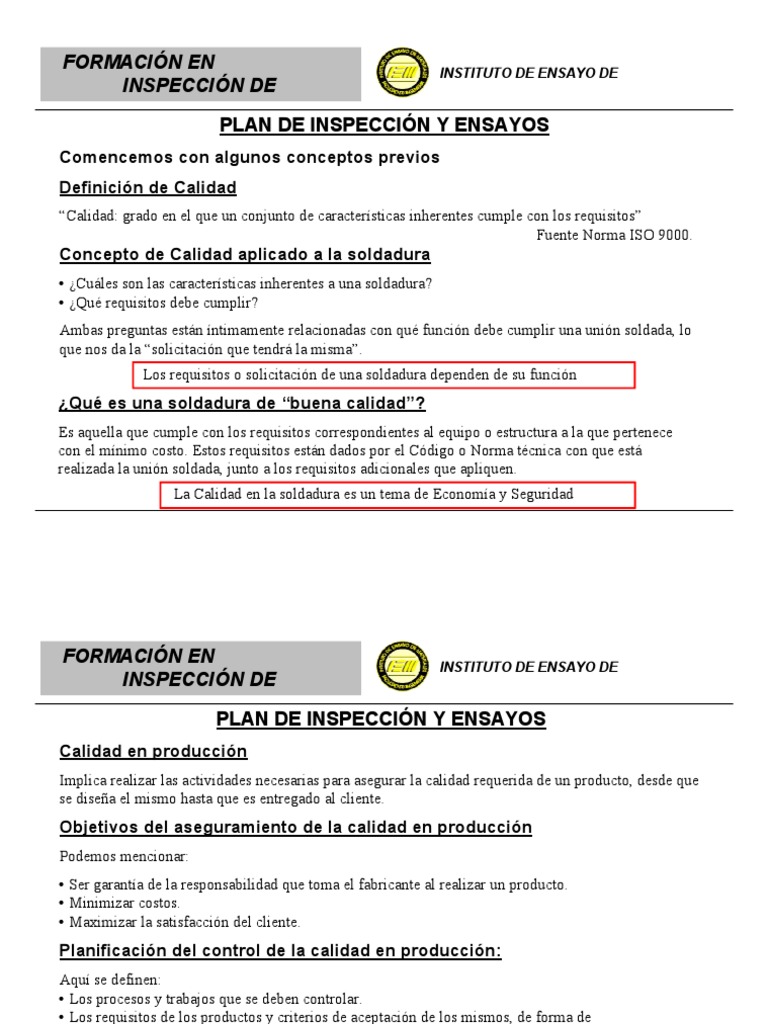 Plan de Inspección y Ensayos | PDF | Calidad (comercial) | Métodos de ...