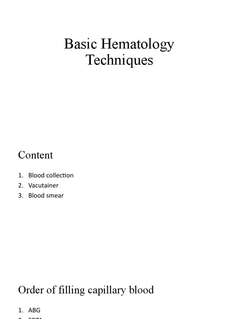 Basic Techniques in Hematology | PDF | Blood Plasma | Blood
