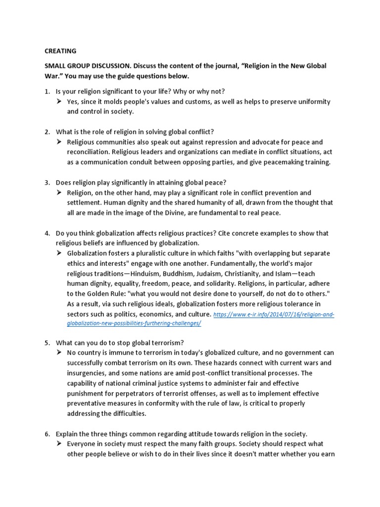 TCWD-Globalization of Religion Activities | PDF | Peace | Faith