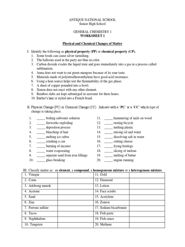 Worksheet 1. Matter | PDF | Mixture | Water