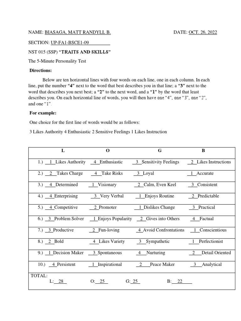 5-Minute Personality Test Instructions | PDF