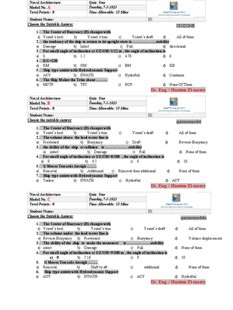 Quiz 1 | PDF | Naval Architecture | Ships