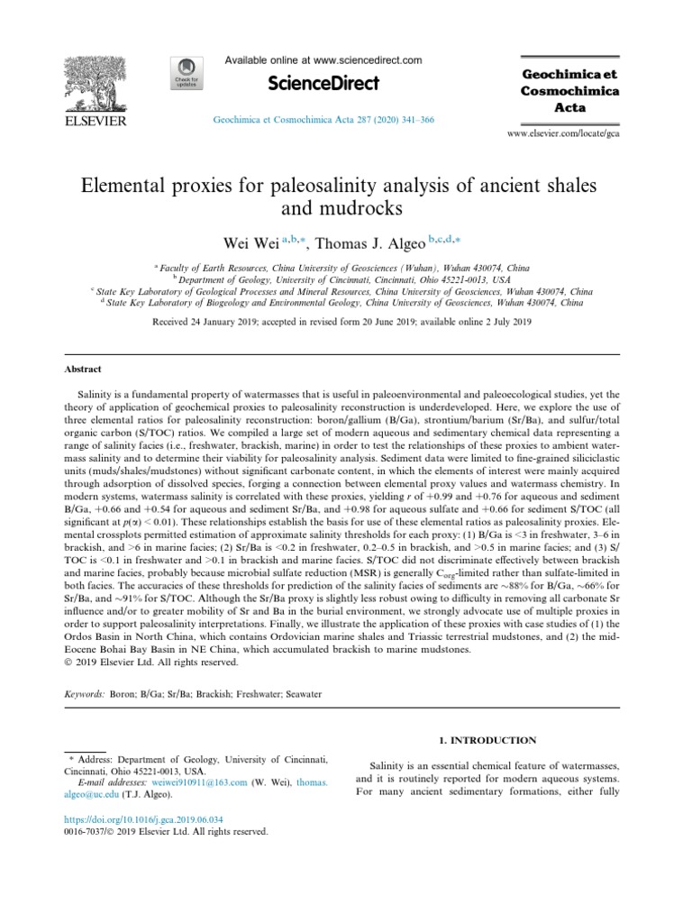 Elemental Proxies For Paleosalinity Analysis of Ancient Shales.. - Wei ...
