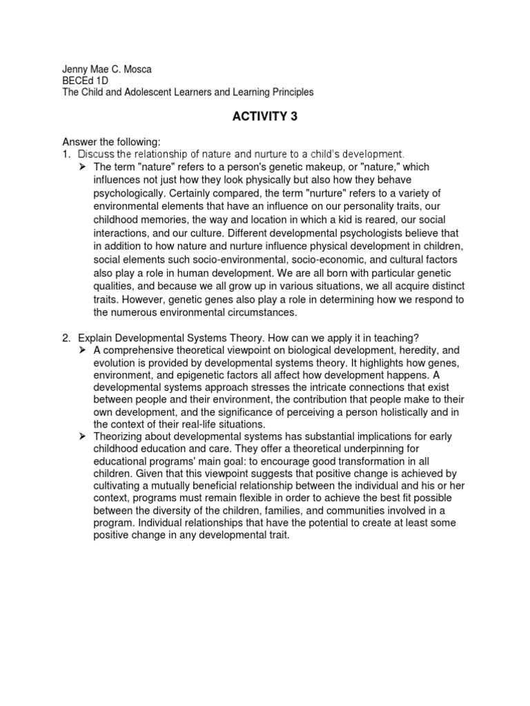 Activity 3 | PDF | Nature Versus Nurture | Developmental Psychology