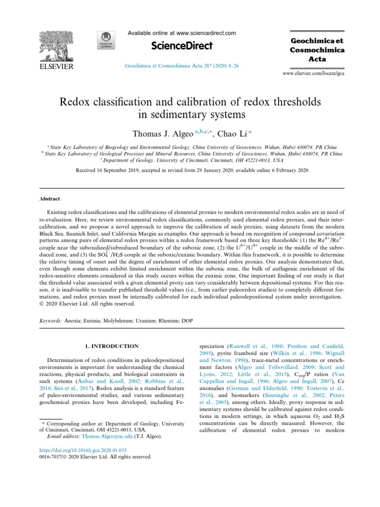 Redox Classification and Calibration of Redox.. - Algeo and Li - 2020 ...