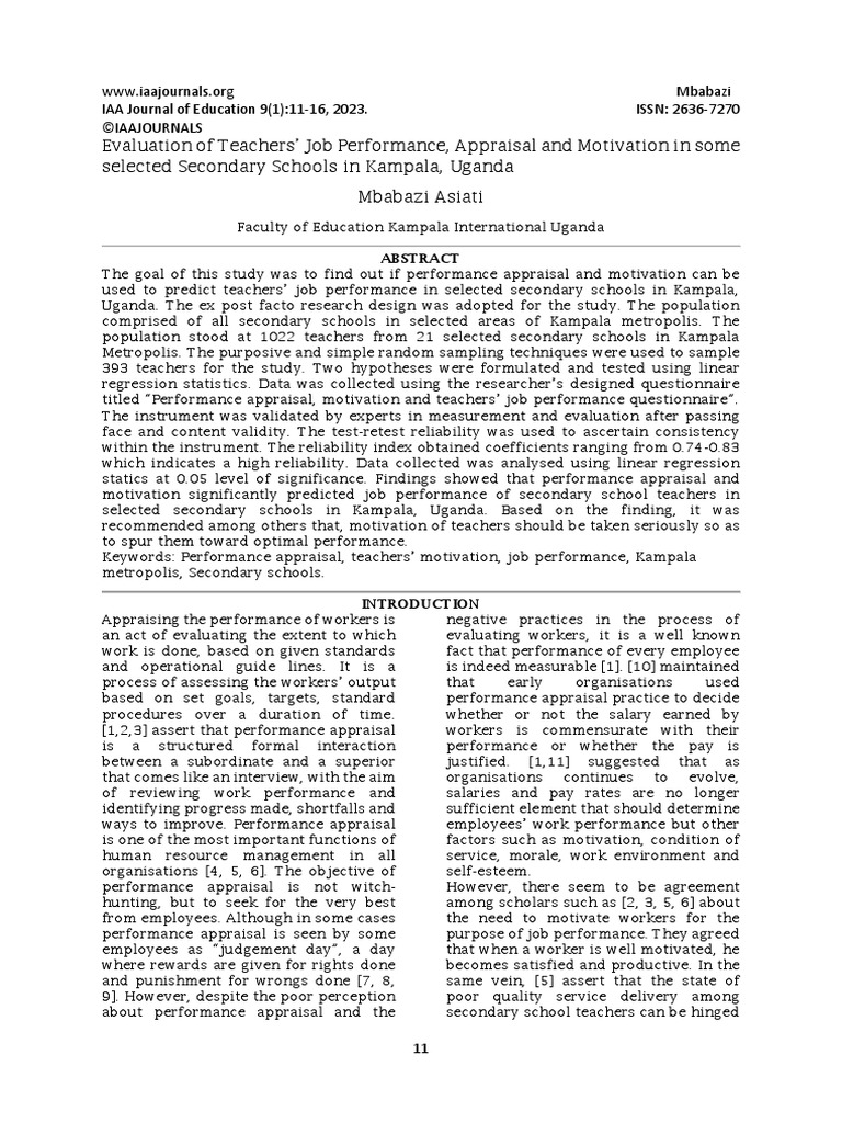 Evaluation of Teachers' Job Performance, Appraisal and Motivation in ...
