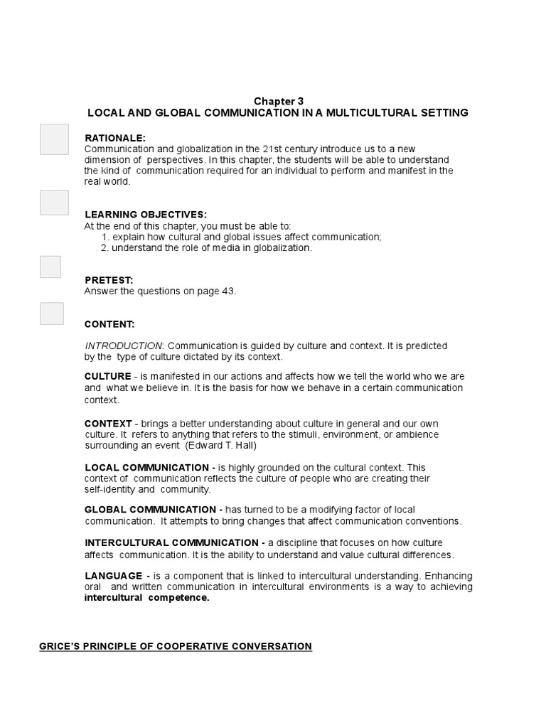 Chapter 3 - LOCAL AND GLOBAL COMMUNICATION IN A MULTICULTURAL SETTING | PDF | Communication ...
