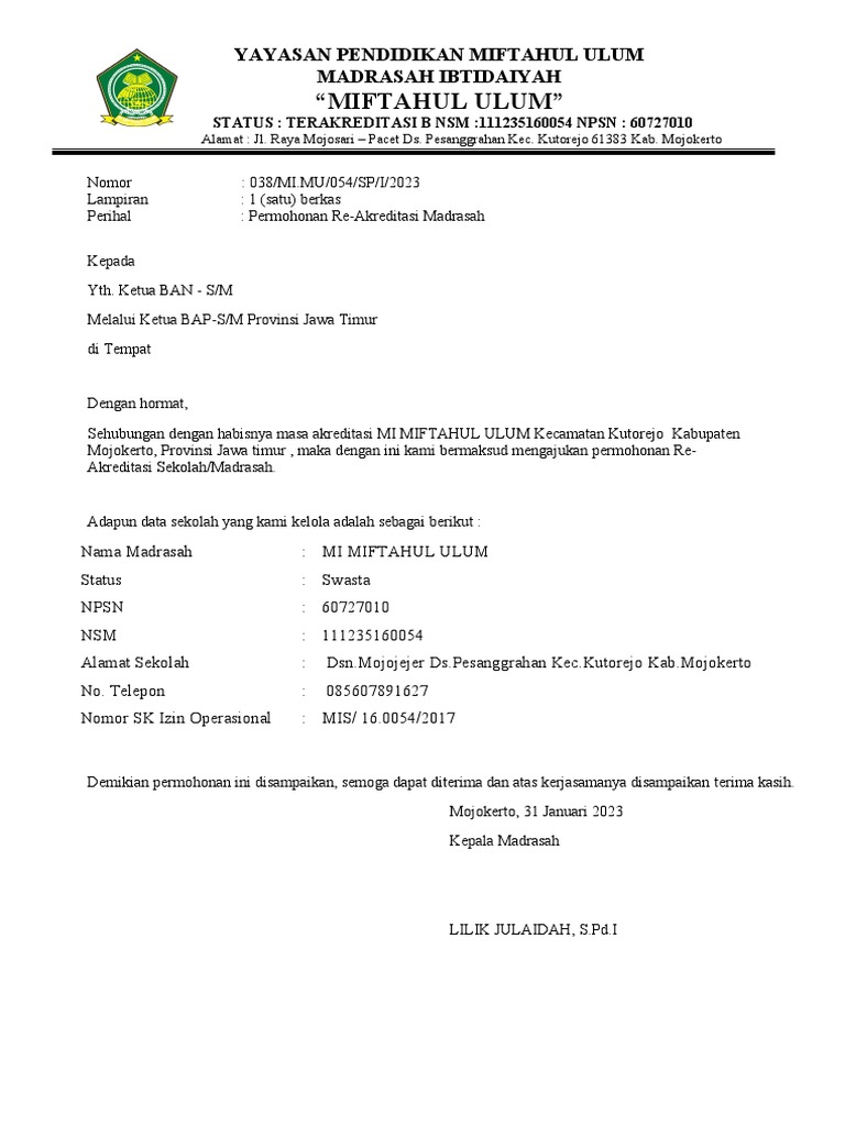 Contoh Surat Ajuan Reakreditasi | PDF