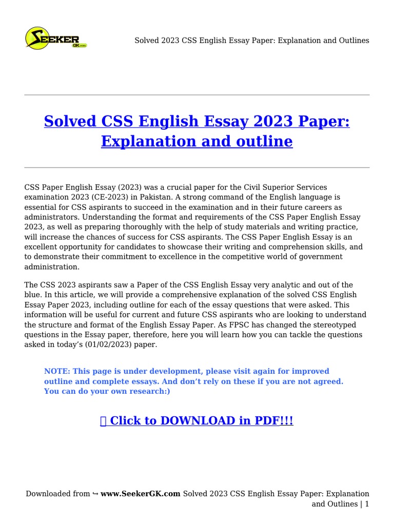 Solved 2023 CSS English Essay Paper - Explanation and Outlines | PDF ...