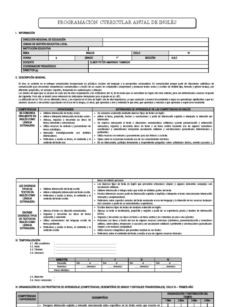 Planificación anual del currículo de inglés para el primer año de ...