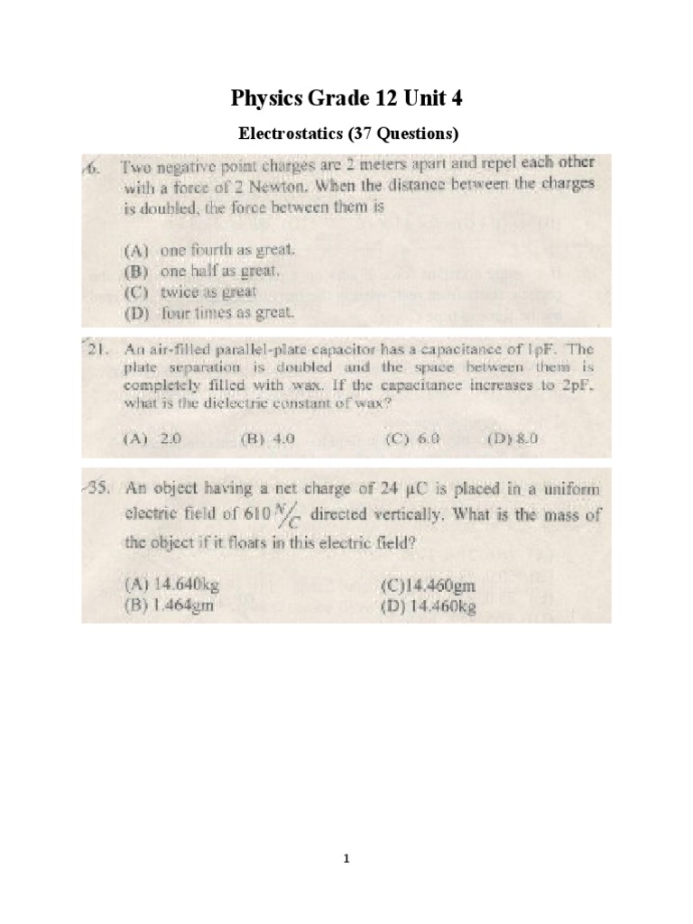 Physics Grade 12 Unit 4 Electrostatics | PDF