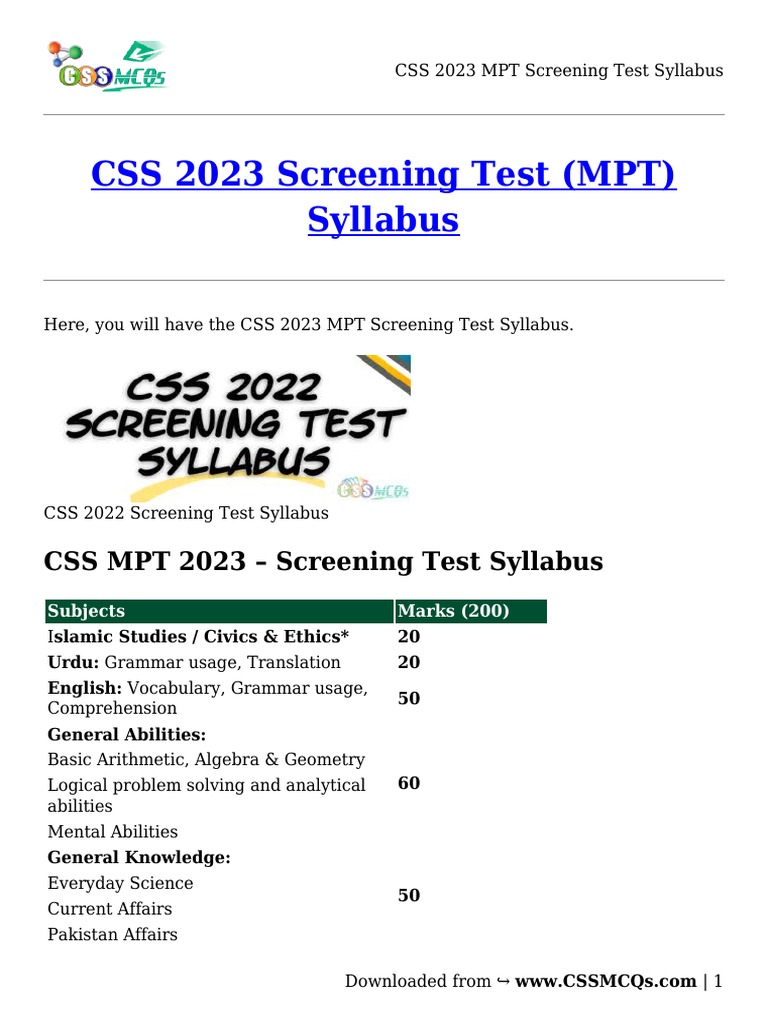 CSS 2023 MPT Screening Test Syllabus | PDF