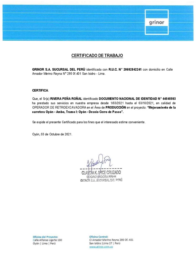 CERTIFICADO DE TRABAJO | PDF