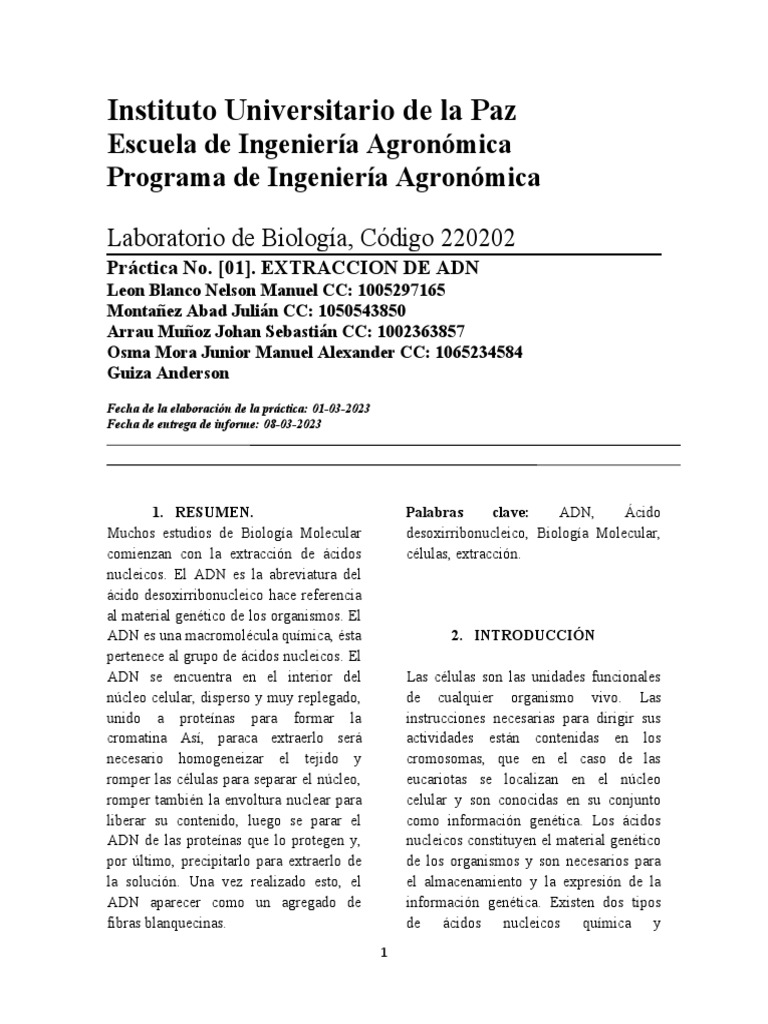 Informe Del Laboratorio de Extraccion Del Adn | PDF | Adn | Biología Celular)