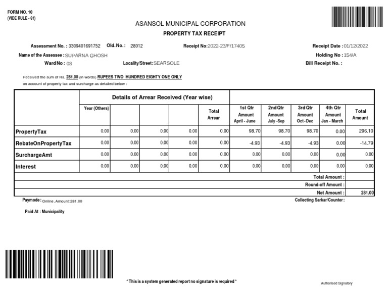 Asansol Municipal Corporation Property Tax Receipt | PDF | Government ...