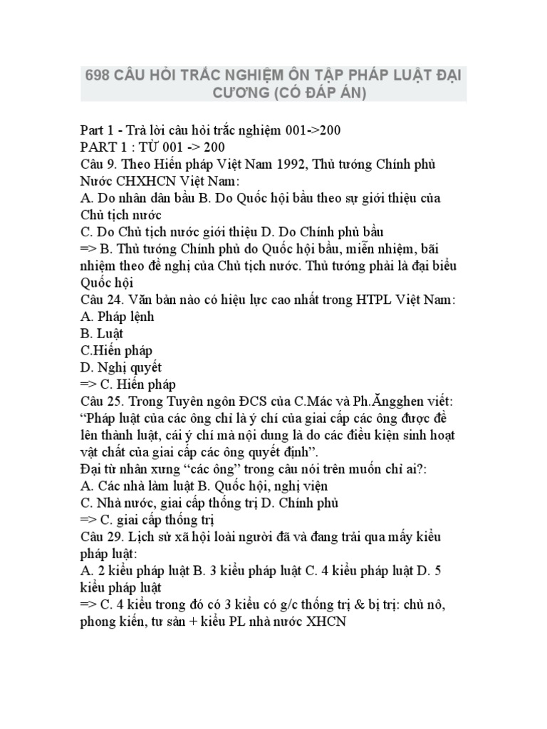 700-cau-hoi-trac-nghiem-on-tap-phap-luat-dai-cuong-co-dap-an | PDF