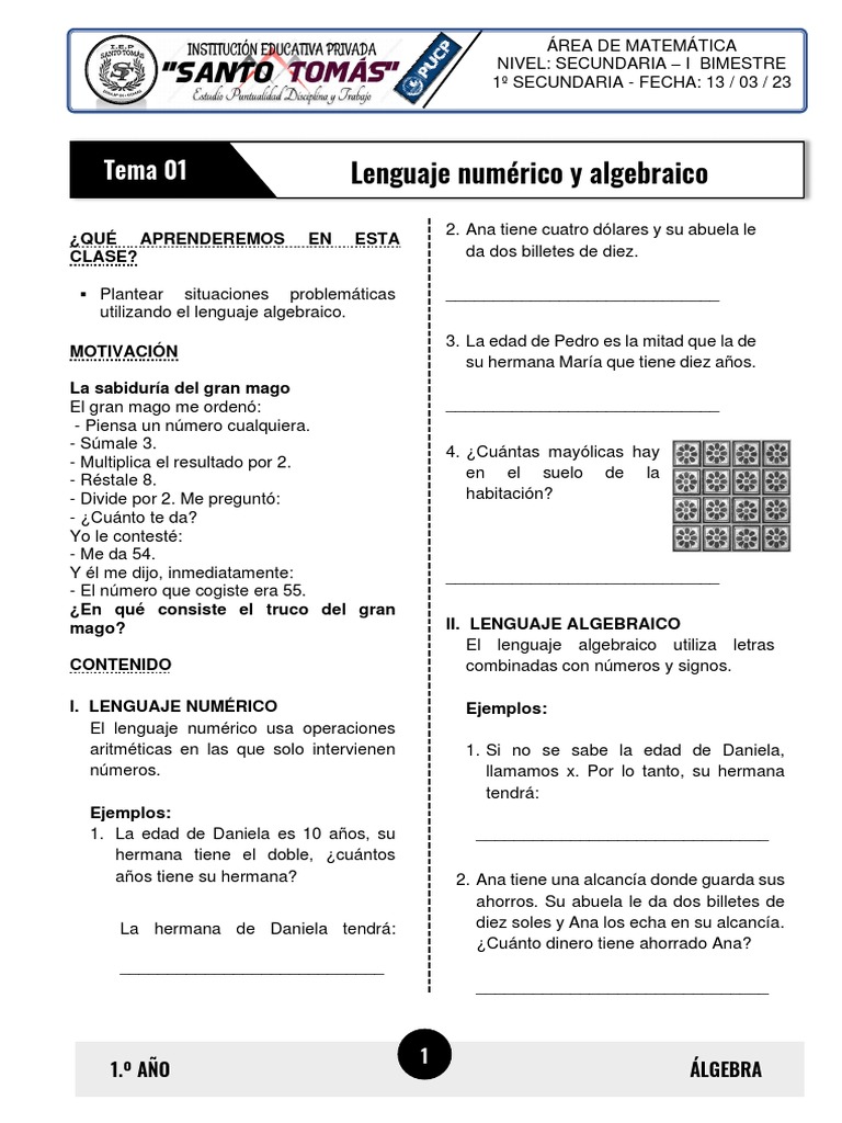 LENGUAJE ALGEBRAICO | PDF | Álgebra | Matemáticas