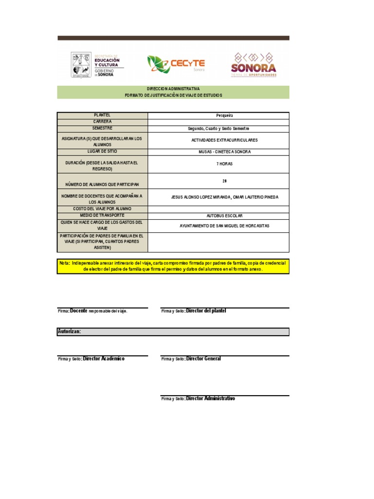 Formato Salida - Justif. Viaje de Estudios Musas | PDF