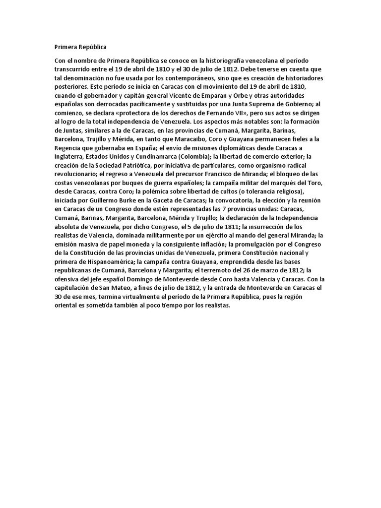 Resumen de La Primera República de Venezuela, Tema Número Dos de Poder ...