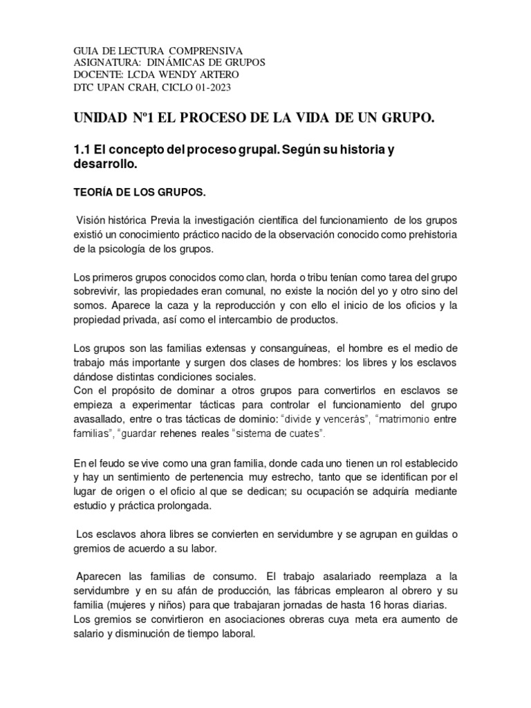 El Concepto Del Proceso Grupal Guia de Lectura Nº 1 Dinamicas de Grupos | Descargar gratis PDF ...