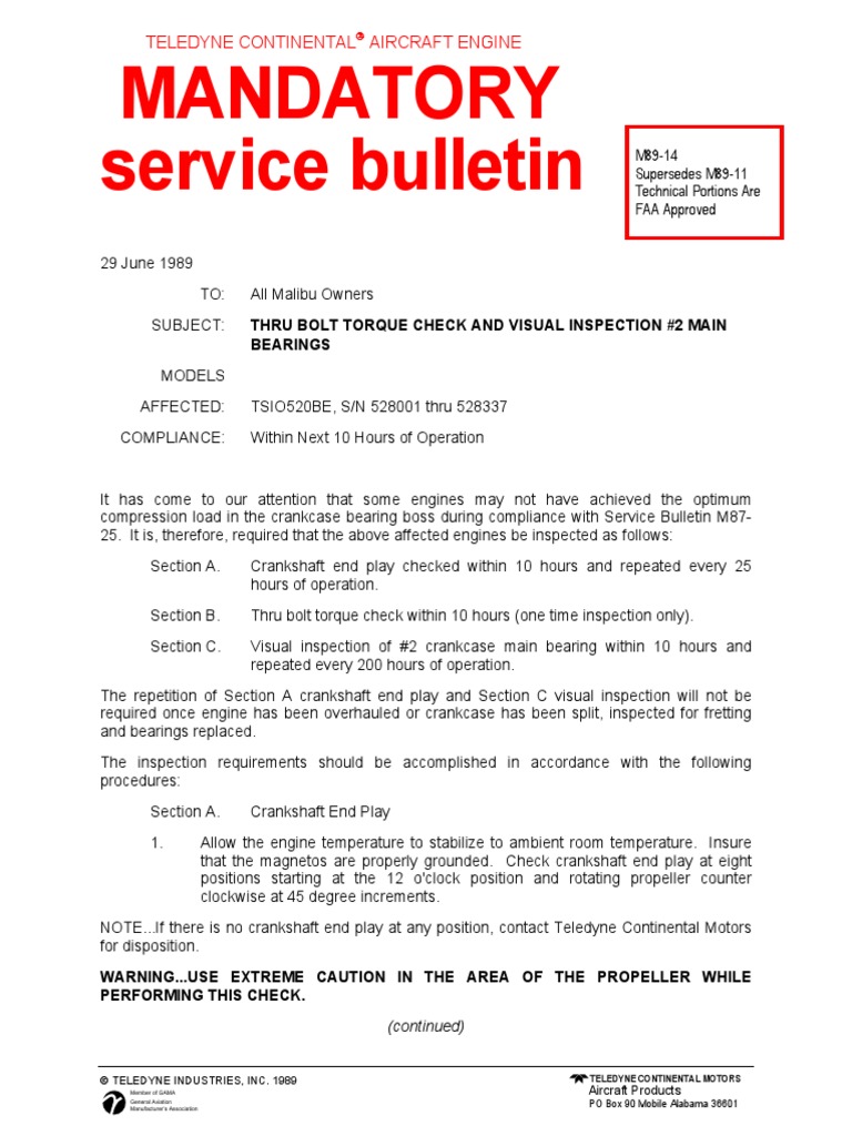 Mandatory Service Bulletin: Teledyne Continental Aircraft Engine | PDF ...