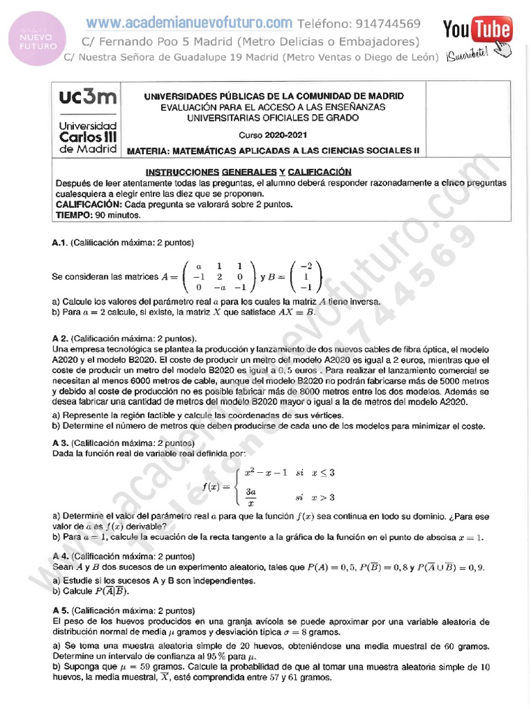 Examen Matematicas CCSS Selectividad Madrid Extraordinaria Junio 2021 Enunciado PDF | PDF
