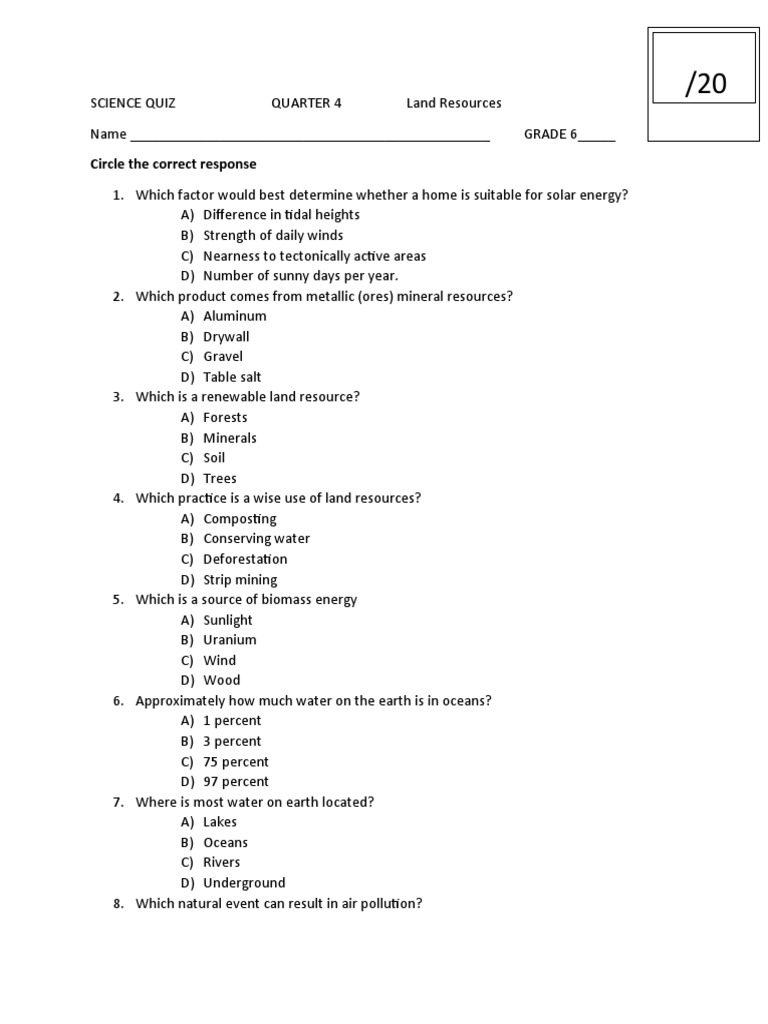 Science Quiz Quarter 4 Land Resources | Download Free PDF | Earth | Water