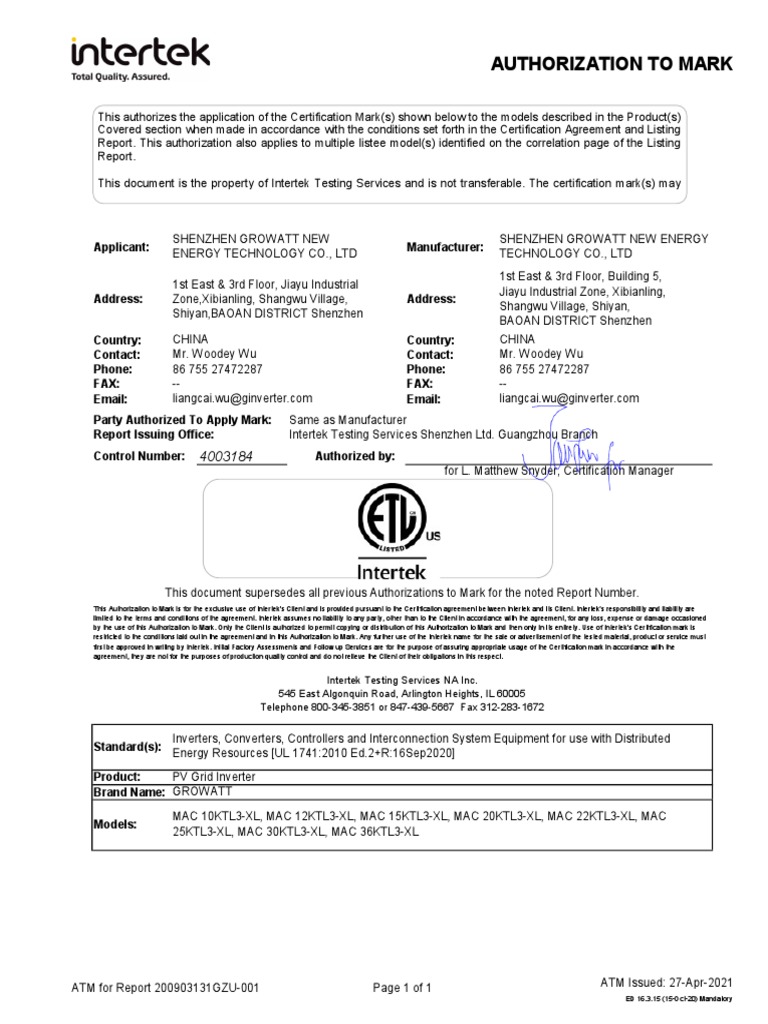 UL 1741 Certification for Growatt Inverters | PDF