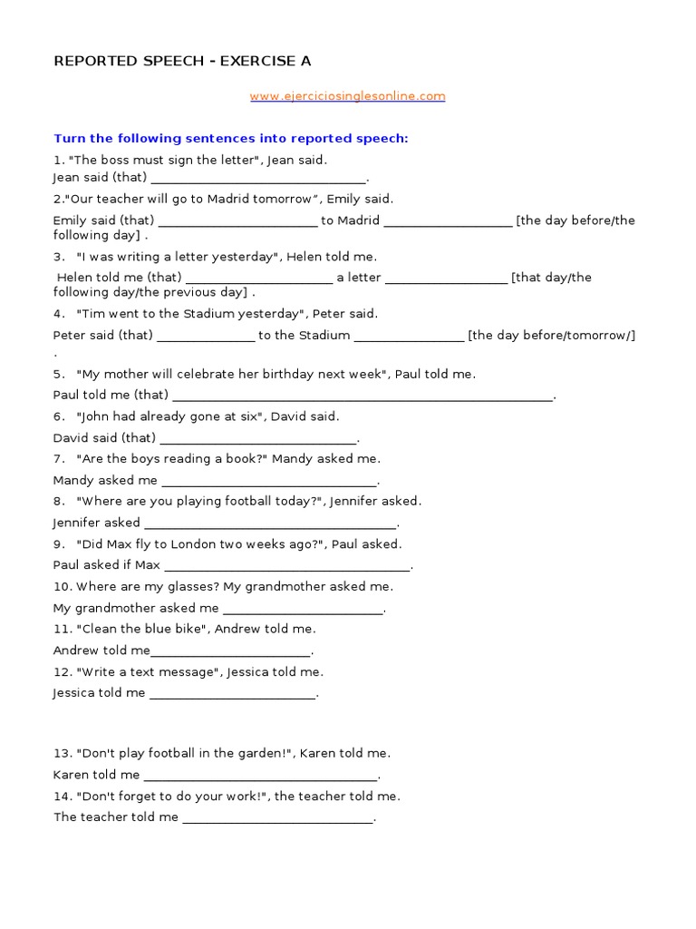 Reported Speech - Exercise A | PDF
