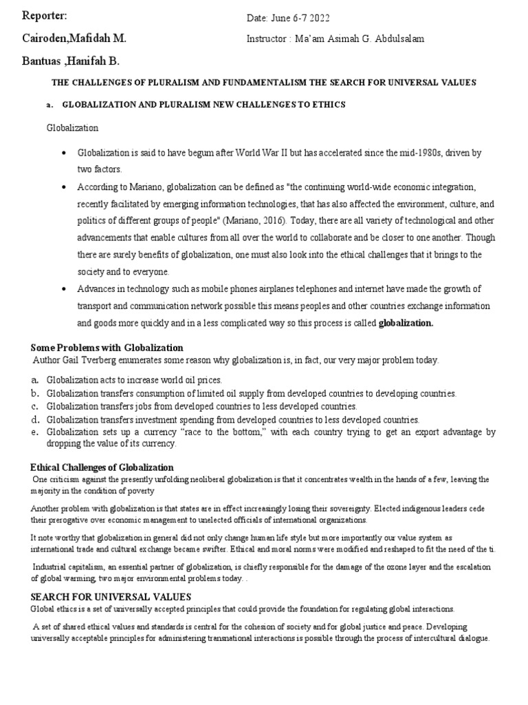 Ethics Group 9 Handout | PDF | Globalization | God