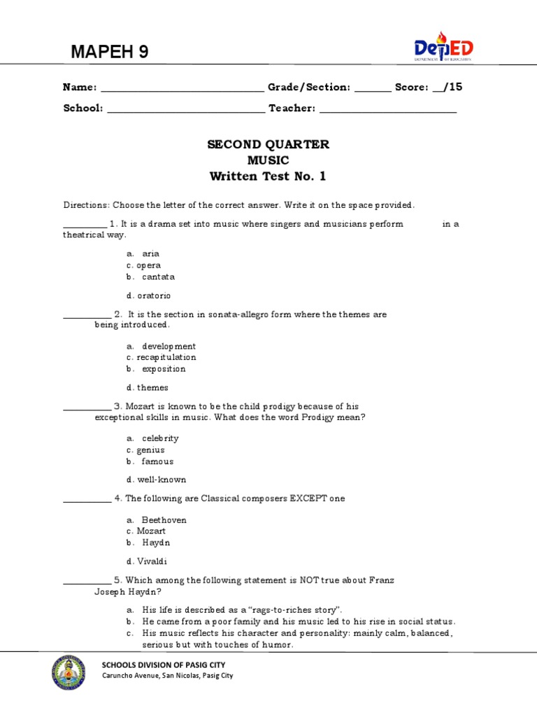 MAPEH 9 Music Written Test Guide | PDF | Opera | Classical Period (Music)