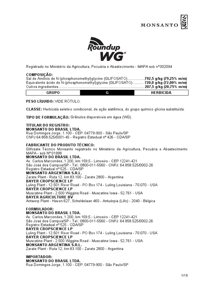 F1410418432 - Roundup WG - Bula - Brwgcomp 2206-00 | PDF | Agricultura