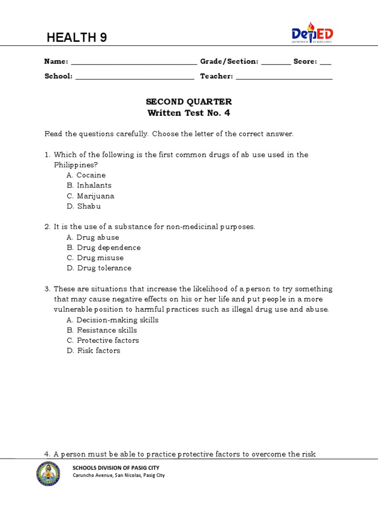 Health 9 Drug Abuse Test Questions | PDF | Drugs | Substance Abuse
