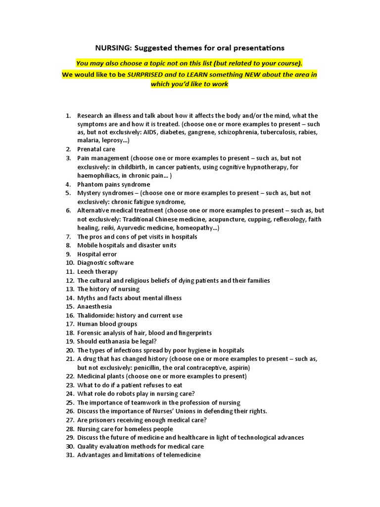 Topics For Nursing Orals | PDF | Nursing | Pain