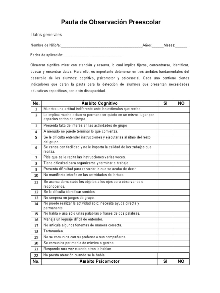 Pauta de Observación Preescolar | PDF | Educación de la primera infancia | Ciencia cognitiva