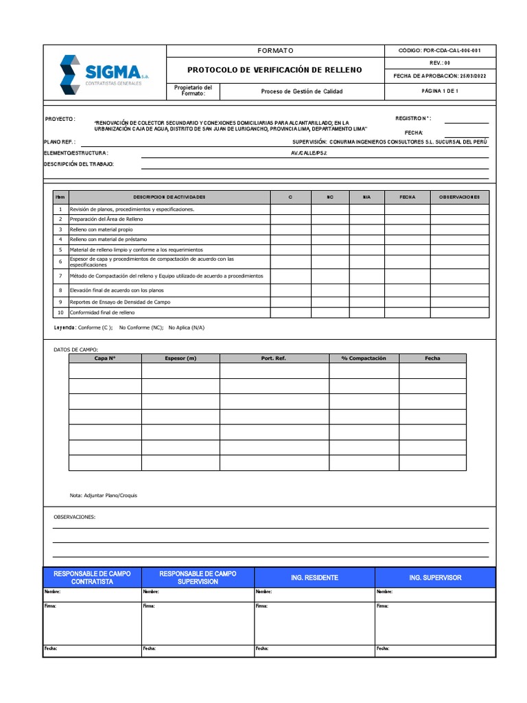 FOR-CDA-CAL-006 PROTOCOLO DE VERIFICACION DE RELLENO | PDF
