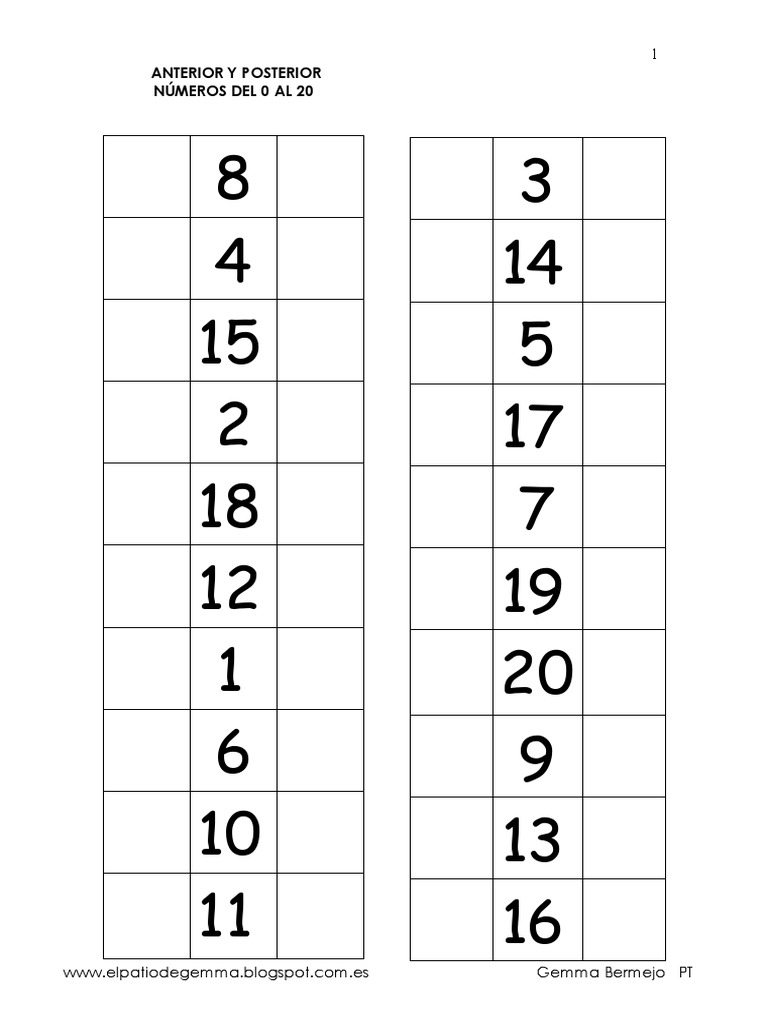 Números Del 0 Al 20 Anterior y Porterior | PDF