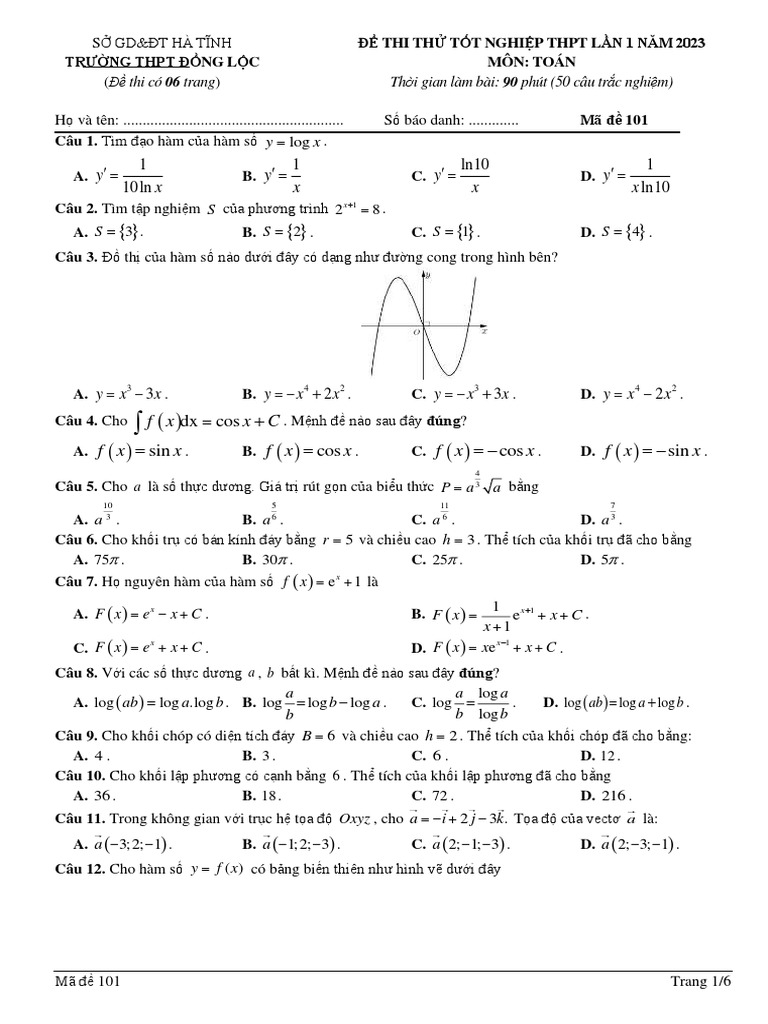 De Thi Thu Toan TN THPT 2023 Lan 1 Truong THPT Dong Loc Ha Tinh PDF | PDF