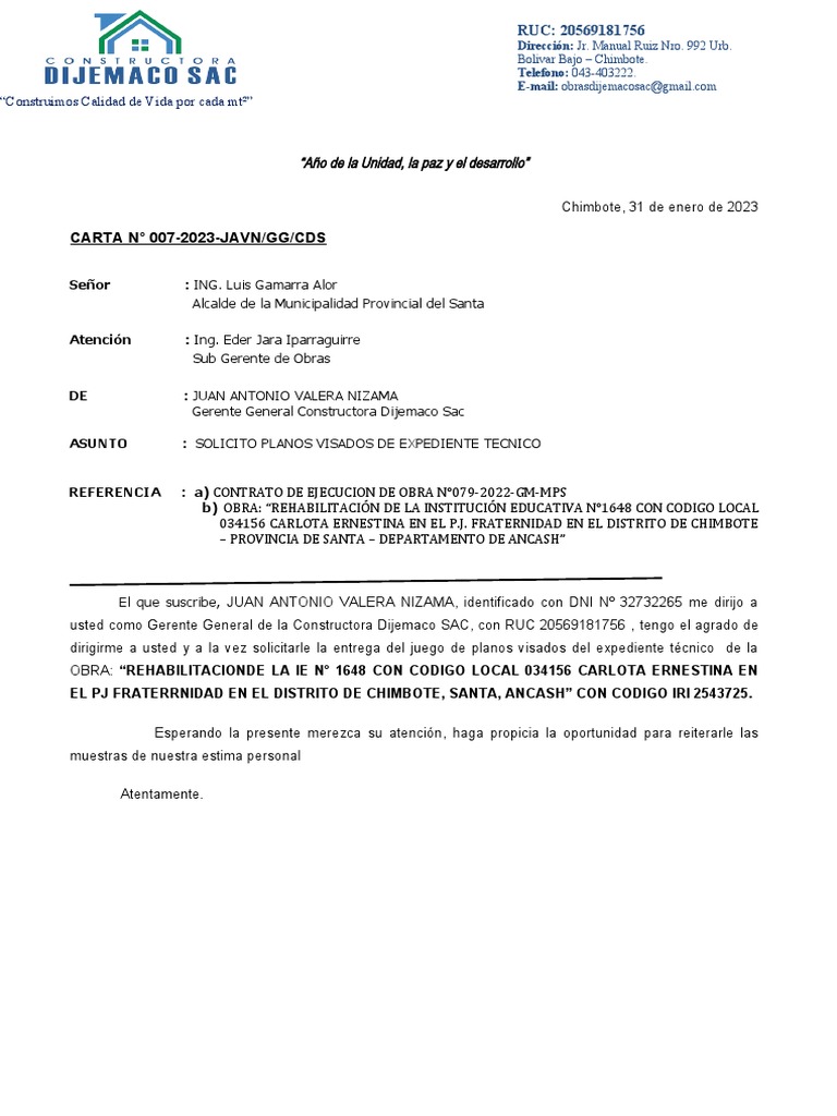 Carta Del Gerente General Cronog. Actualizados | PDF