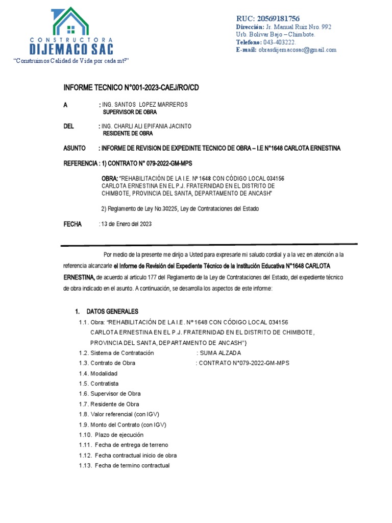 Informe de revisión del expediente técnico de obra de rehabilitación de la Institución Educativa ...